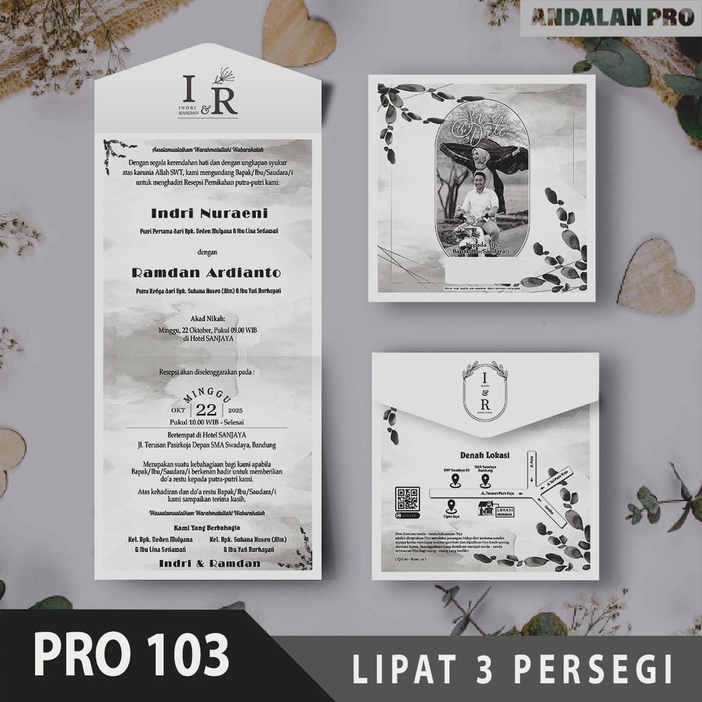 Jual 50 Desain Undangan Pernikahan Lipat 3 Persegi, Grayscale / Hitam ...