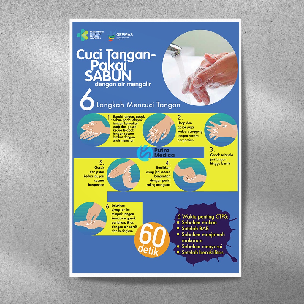 Jual Poster Kesehatan 6 Langkah Cuci Tangan Pakai Sabun A3+ / Gambar ...