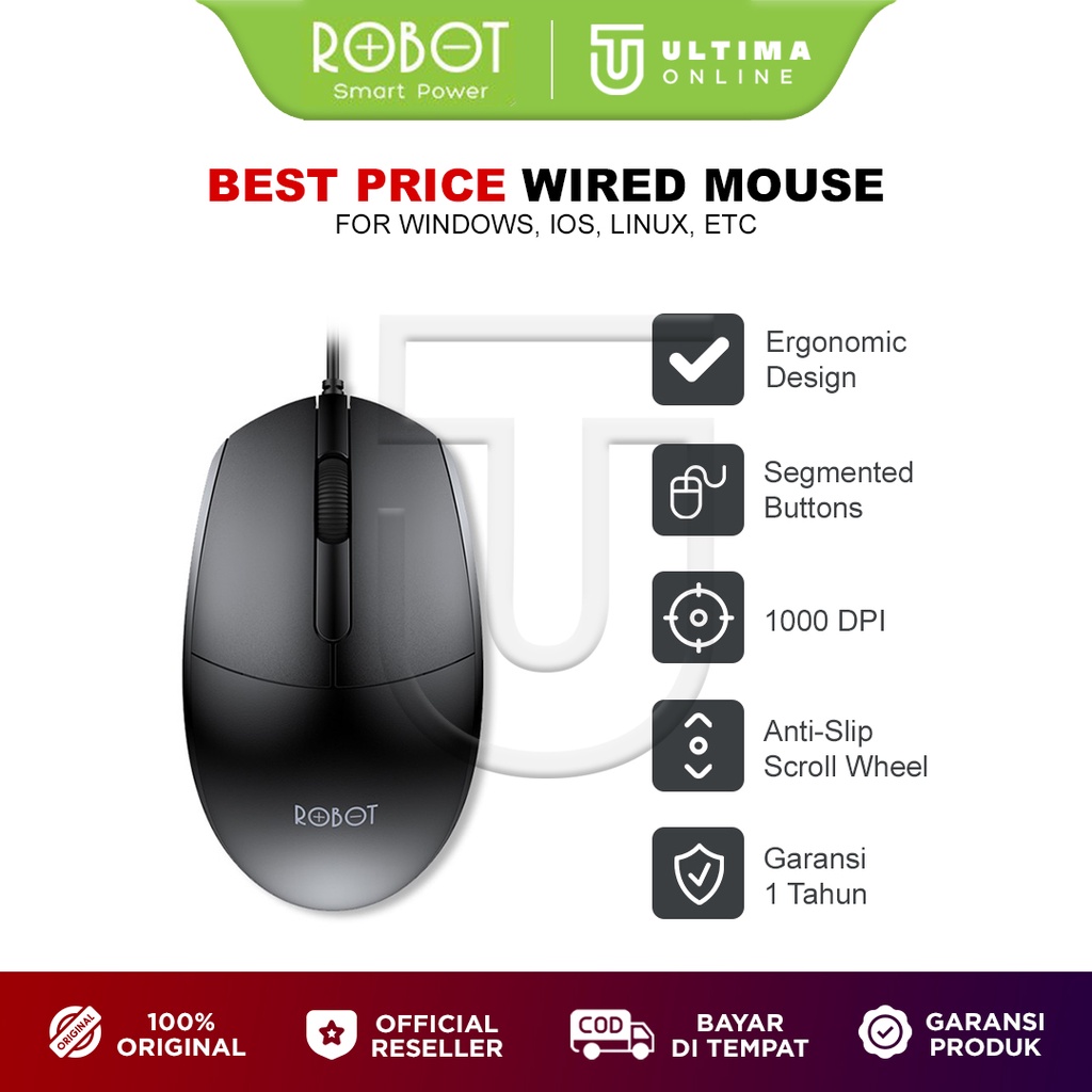 Jual ROBOT Mouse Wired Optical M120 Office Mouse Kabel Ergonomis ...