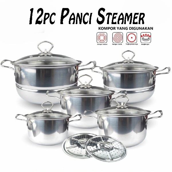 Jual Panci Set Stainless Tebal Steamer 12Pcs Dengan Kukusan Induksi ...