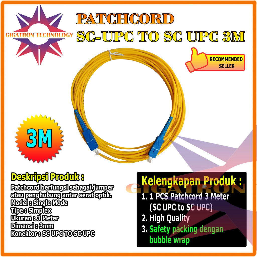 Jual Patchcord SC UPC Kabel Fiber Optik Single Core Mode 3M / Patch Cord SC UPC - SC UPC Biru ...
