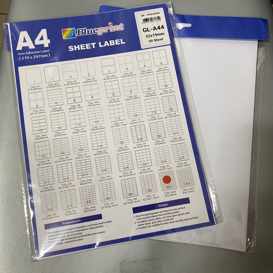 Jual Kertas Label Sticker HVS Doff A4 BLUEPRINT Uk 32 x 19 mm - 20 ...
