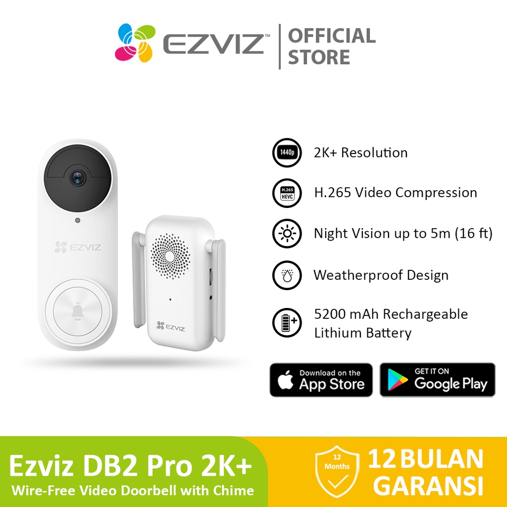 Jual Ezviz DB2 Pro 2K+ Smart Home Wireless Video Doorbell Battery ...