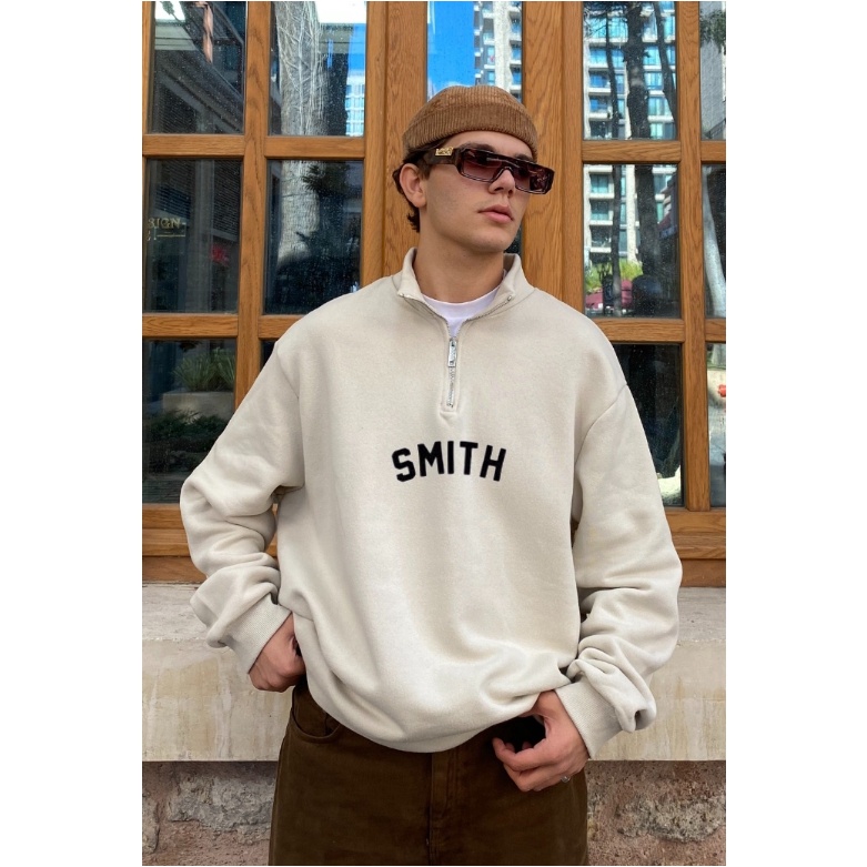 Jual Halfzip Sweatshirt House Of Smith / Sweater Beige Logo Teks ...