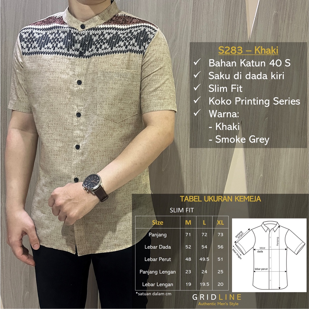Jual [GRIDLINE - S283 Khaki & Smoke Grey] Kemeja Pria Katun Lengan Pendek Slimfit Kerah Sanghai ...