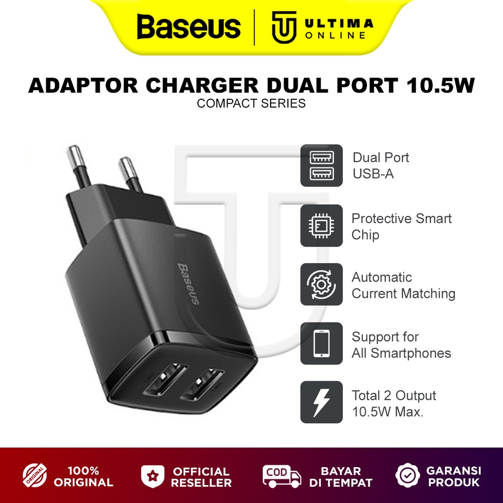 Jual Baseus Adaptor Kepala Charger Dual Port USB Travel Carger HP 10.5W ...