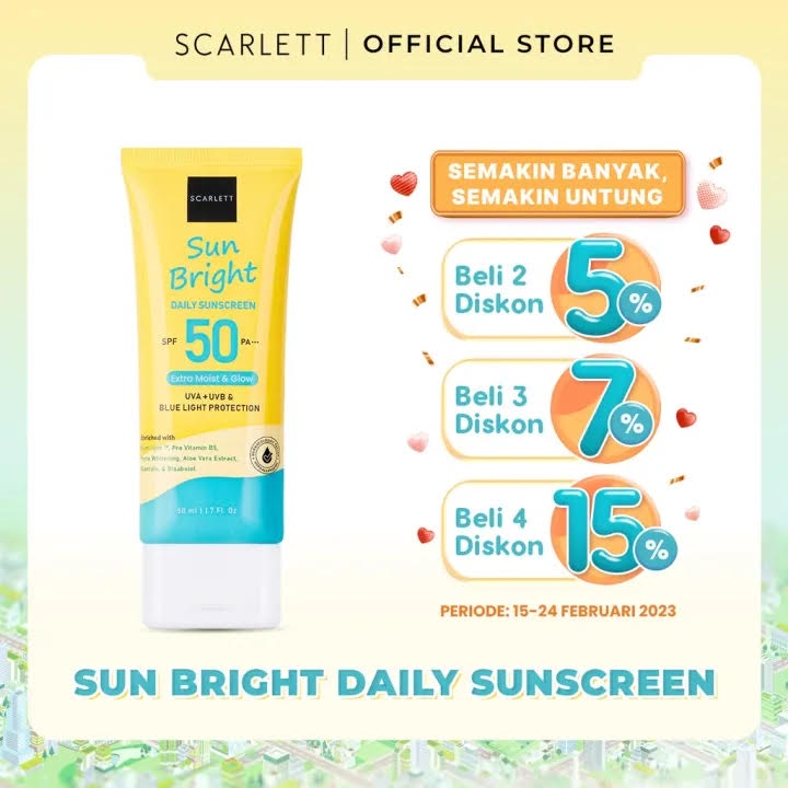 Jual SCARLETT Whitening Sunscreen Sun Bright Daily SPF 50 PA+++ | Ultra Light Daily Sunscreen ...