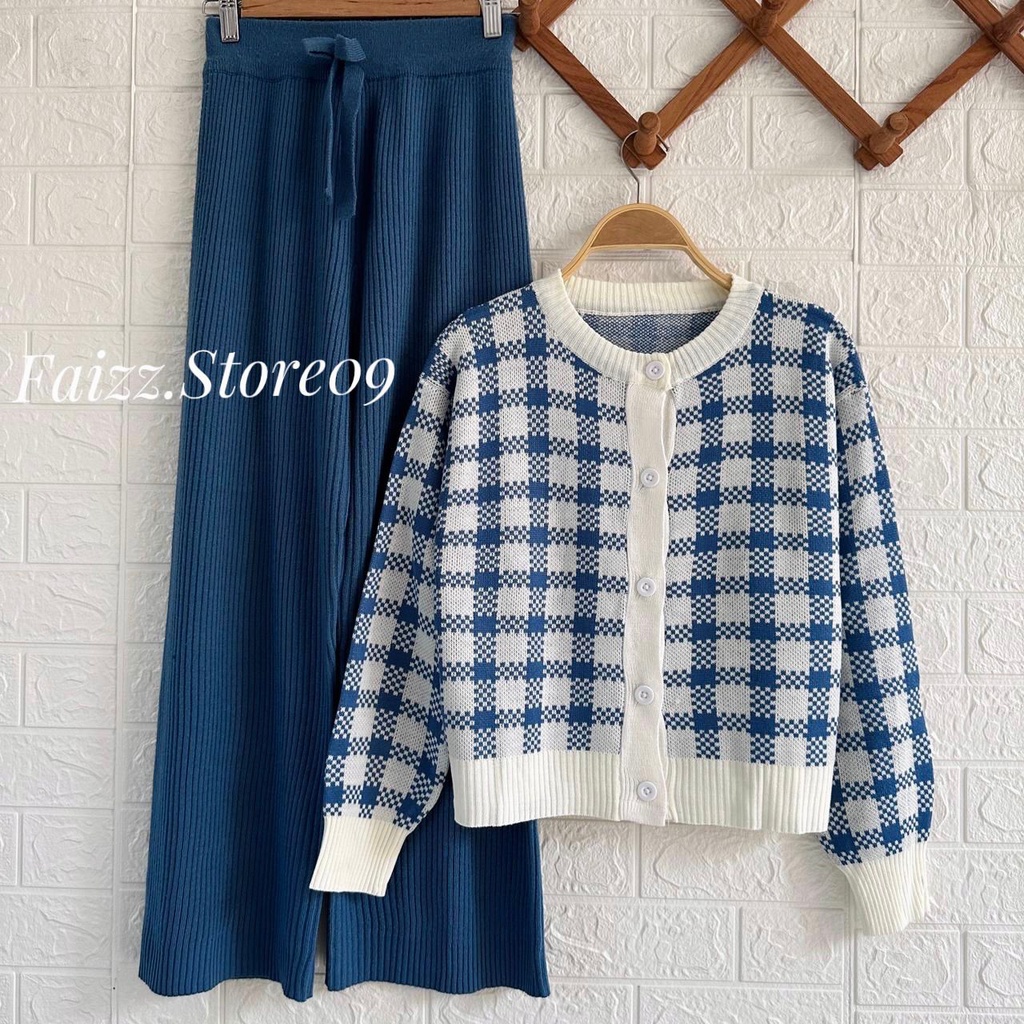 Jual ONESET MAYA CARDIGAN RAJUT KANCING CROP TOP MOTIF KOTAK KOTAK SETELAN CELANA KULOT DAN ...