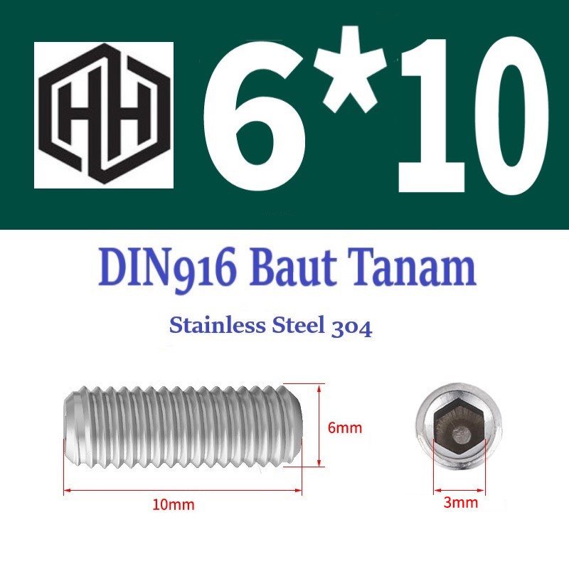 Jual Baut Tanam L M6 x 10 Hex DIN916 Stainless Steel BT610 | Shopee Indonesia