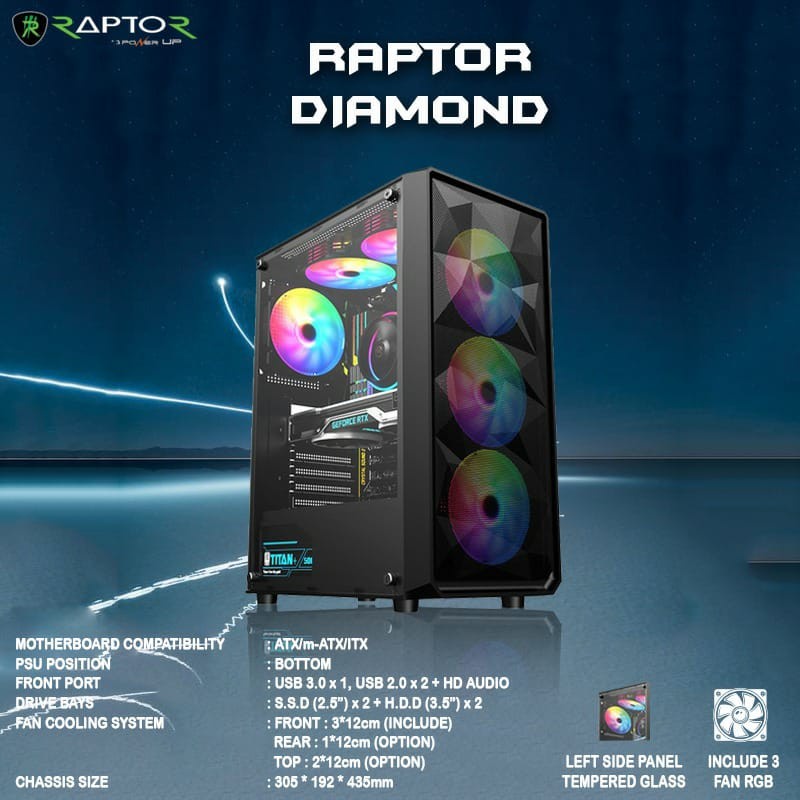 Jual Power Up Casing Raptor Diamond Mid Tower ATX With 3 Fan Case RGB ...