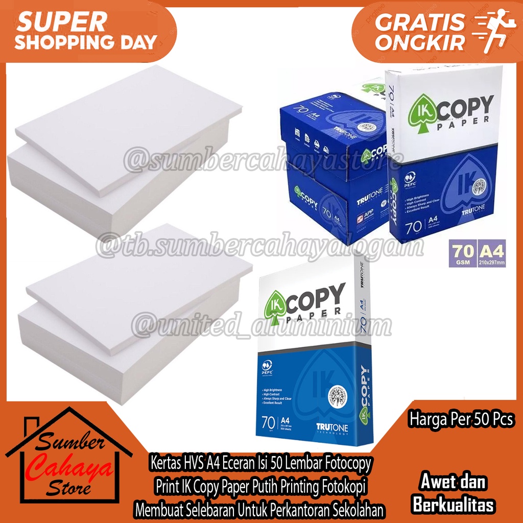 Jual Kertas HVS A4 70 Gram Gr Eceran Isi 50 Lembar Lmbar Printing ...
