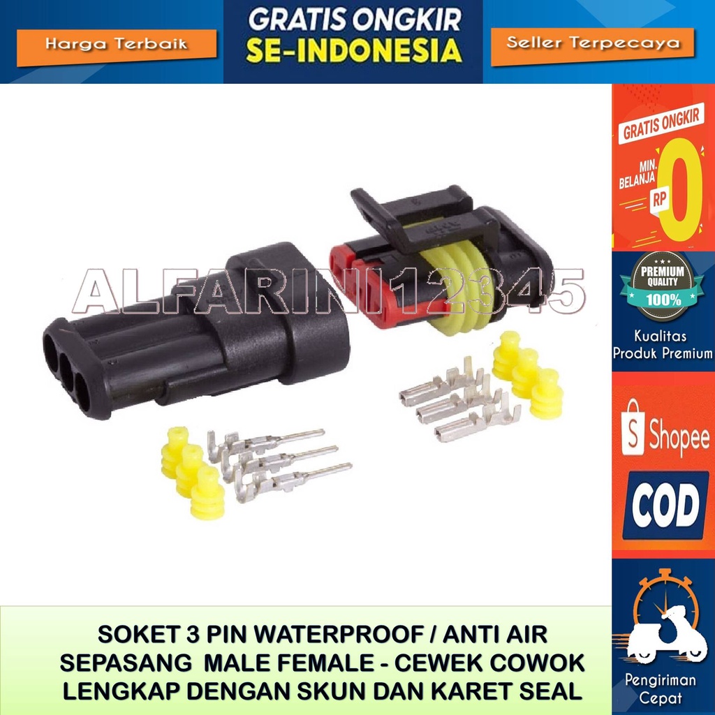 Jual Soket konektor anti air waterproof 3 pin male dan female SOCKET 3 ...