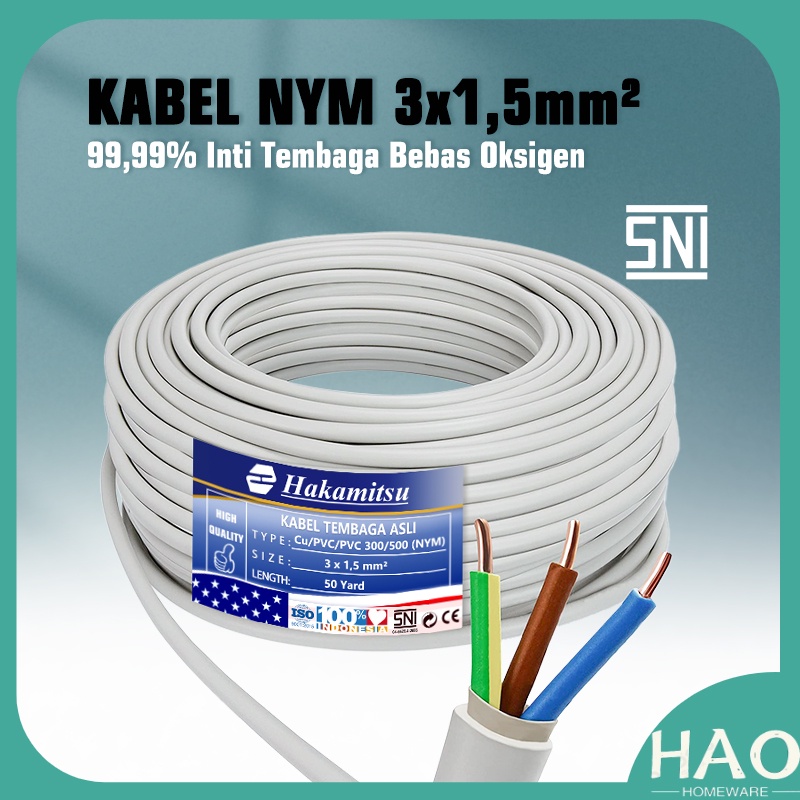Jual Kabel NYM 3 x 1,5mm 50 Yard Full / Kabel Listrik Tembaga Murni PVC SNI / Mrek Hakamitsu ...