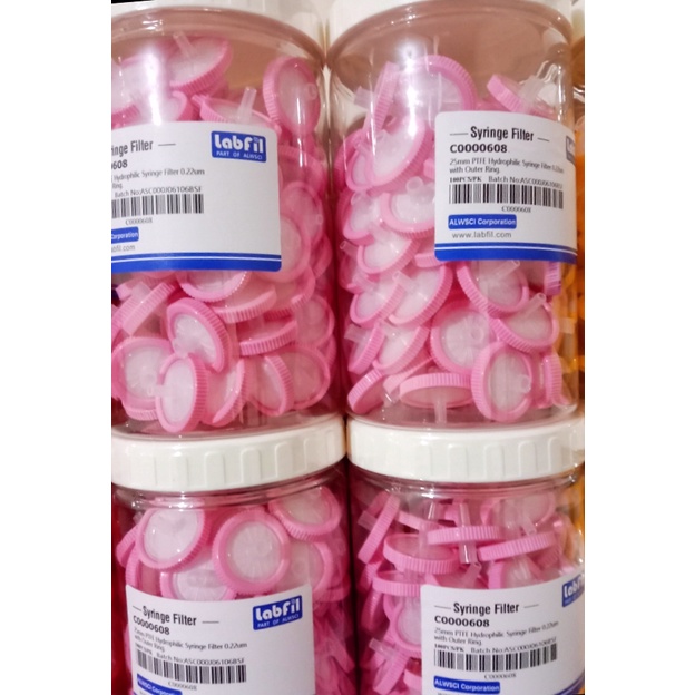 Jual Syringe Filter 25mm PTFE Hydrophilic Pori 0.22um with Outer Ring ...