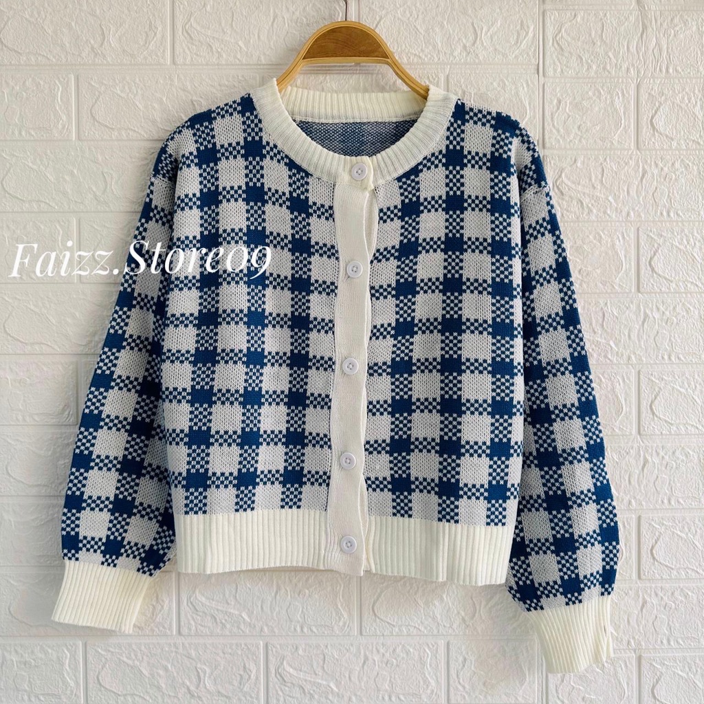 Jual MAYA CARDIGAN RAJUT KANCING CROP TOP MOTIF KOTAK KOTAK | Shopee Indonesia
