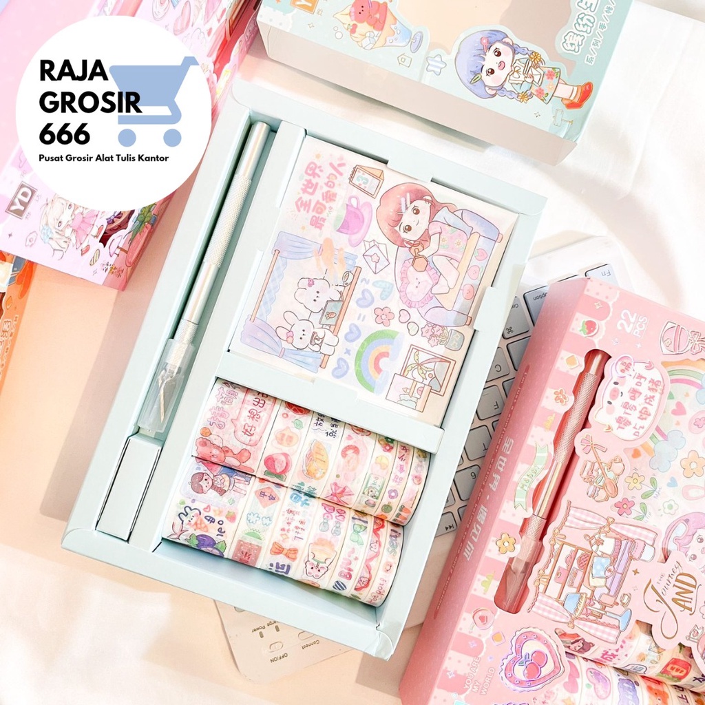 Jual Paket Stickers dengan washi tape YD-SZKD selotip gambar dan pisau ...