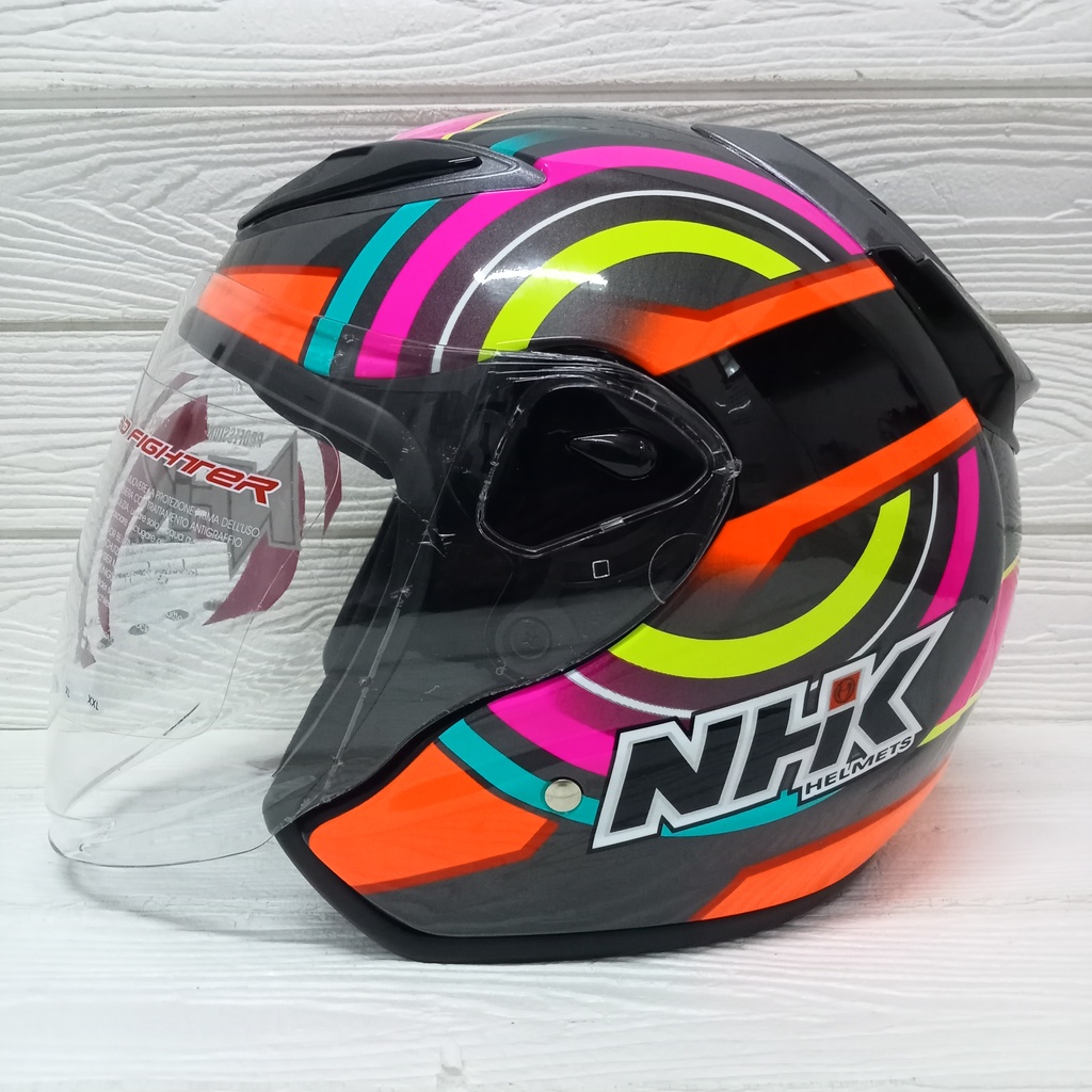 Jual HELM NHK R6 HALF FACE MOTIF XION BLACK ORANGE SINGLE VISOR HELMET ...