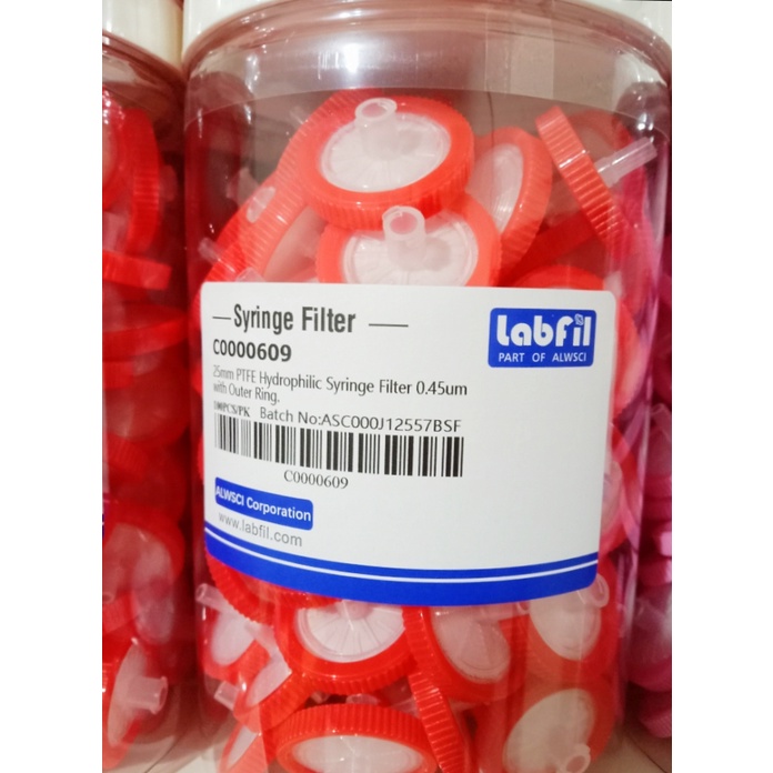 Jual PTFE Syringe Filter Hydrophilic 25mm 0.45um with Outer Ring Lab ...