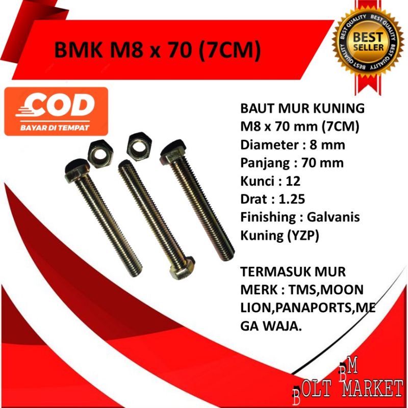 Jual Baut + Mur Hex Kuning M8 X 70 MM BMK Hex (Kunci 12) Glavanis | Shopee Indonesia