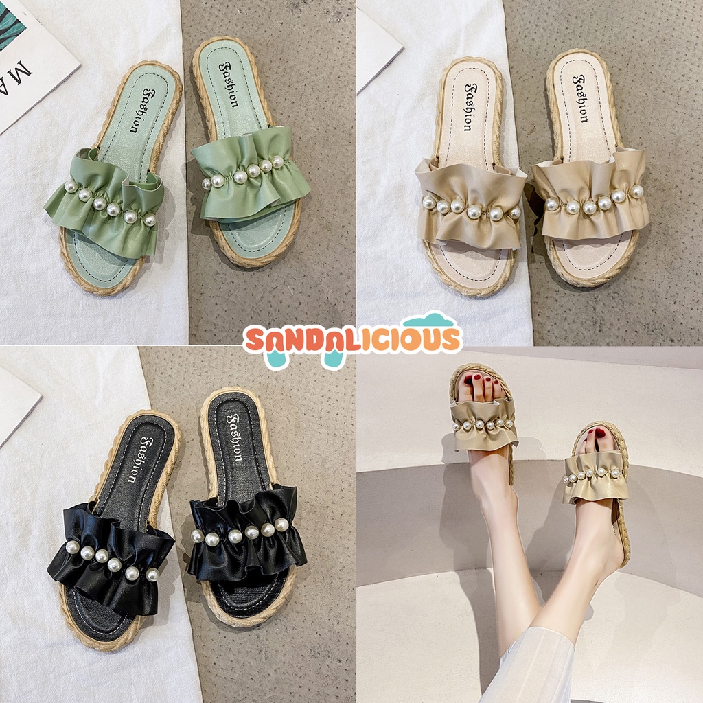 Jual Sandal Slop Fashion Mutiara Dan Bunga / Sandal Flat Karet Super ...