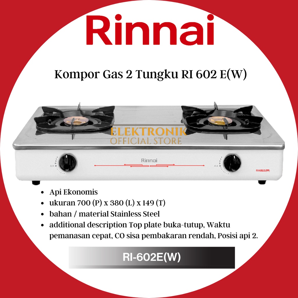 Jual RINNAI KOMPOR GAS 2 TUNGKU RI 602E (W) PUTIH STAINLESS STEEL/RI602E(W)/RI 602EW/RI602EW/100 ...