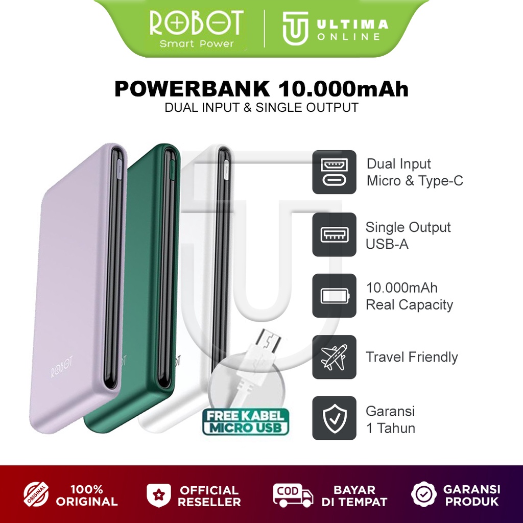 Jual ROBOT Power Bank 10000mAh RT180 Dual Input Type C Micro Powerbank ...