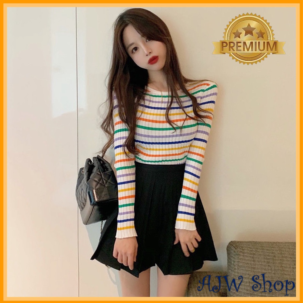 Jual AJW Atasan Rajut Wanita Lengan Panjang Rainbow Korean Style Cute Import Premium ZU | Baju ...