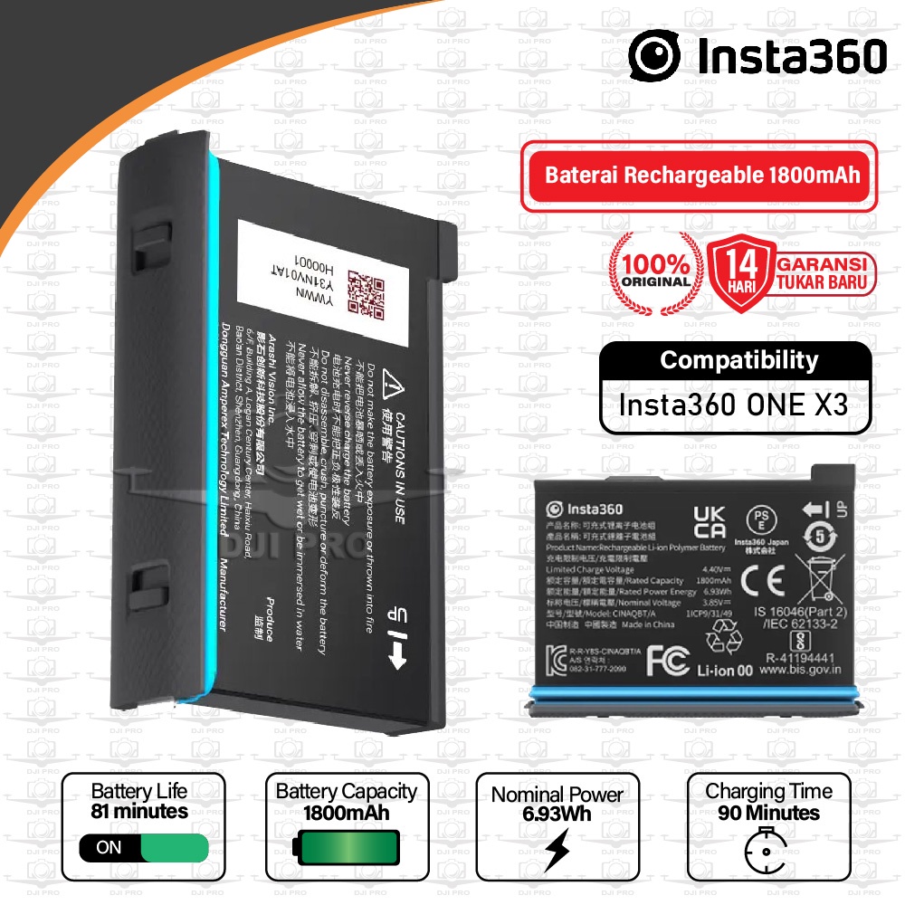 Jual Insta360 One X3 Battery Insta 360 Baterai Rechargeable 1800mAh ...