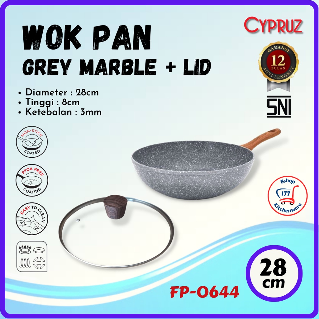 Jual Cypruz Wajan Anti Lengket Penggorengan Fry Wok Marble Induksi 28cm + Tutup Kaca FP-0644 ...