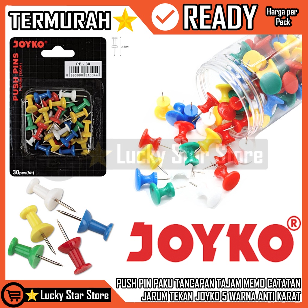 Jual PUSH PIN JARUM TANCAPAN PUSHPIN JOYKO/JAYCO/JOYCO PP-30 (30 PCS) BOX ANTI KARAT 5 WARNA ...