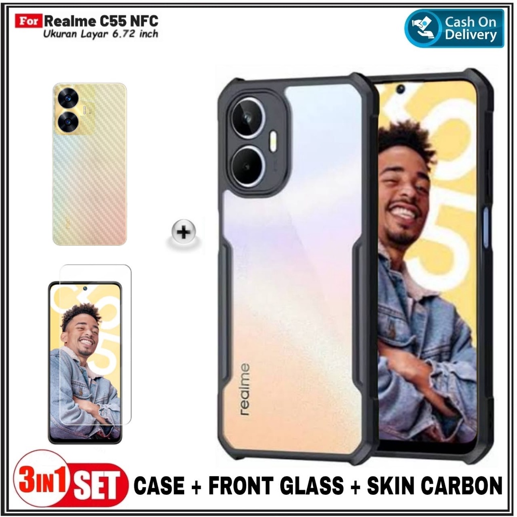 Jual Paket 3IN1 Case Realme C55 NFC Soft Hard Fusion Transparan Casing ...
