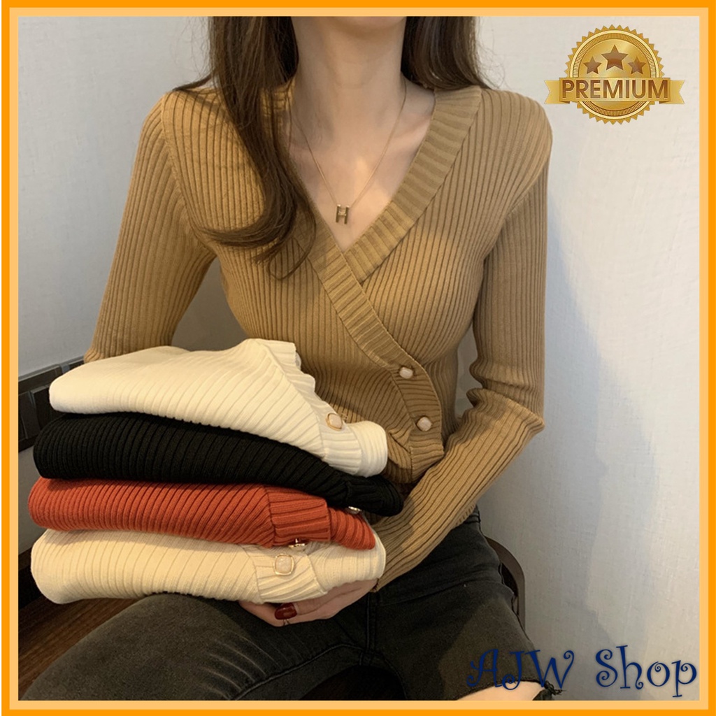 Jual AJW Atasan Wanita Kekinian Lengan Panjang Korean Style Rajut Premium Import Vneck ZR ...