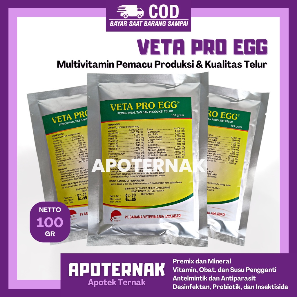 Jual VETA PRO EGG 100 gr | Vitamin Pemacu Produksi dan Kualitas Telur Ayam Bebek Puyuh | Vitamin ...