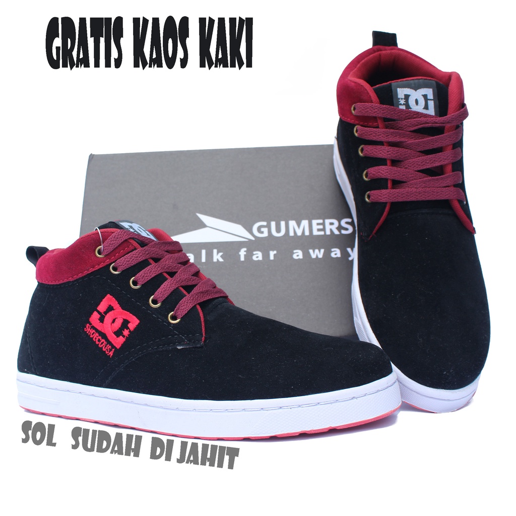 Jual SEPATU DC HIGH DAN LOW SUEDE, SEPATU HITAM RED, SOL SUDAH DI JAHIT ...