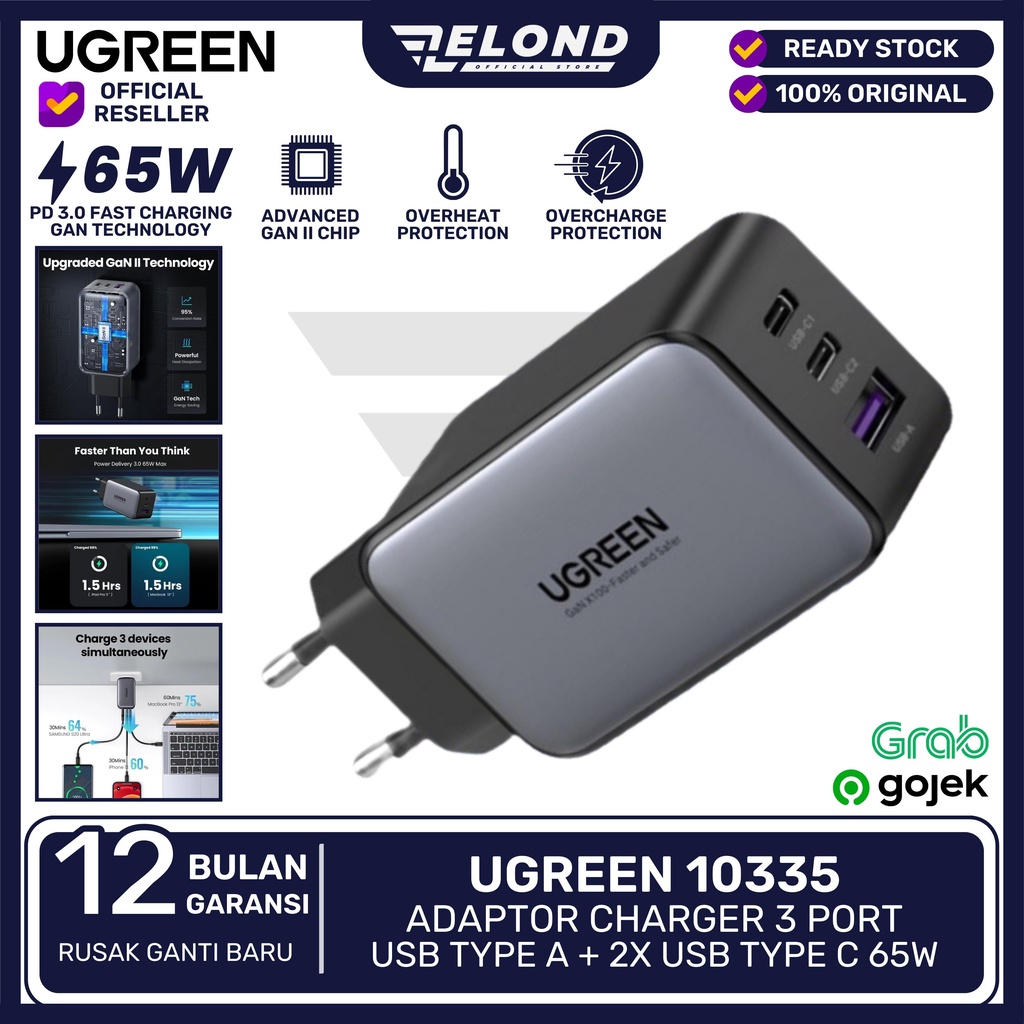 Jual UGREEN Charger 65W Adaptor Kepala Charger GaN 3 Port Fast Charging ...