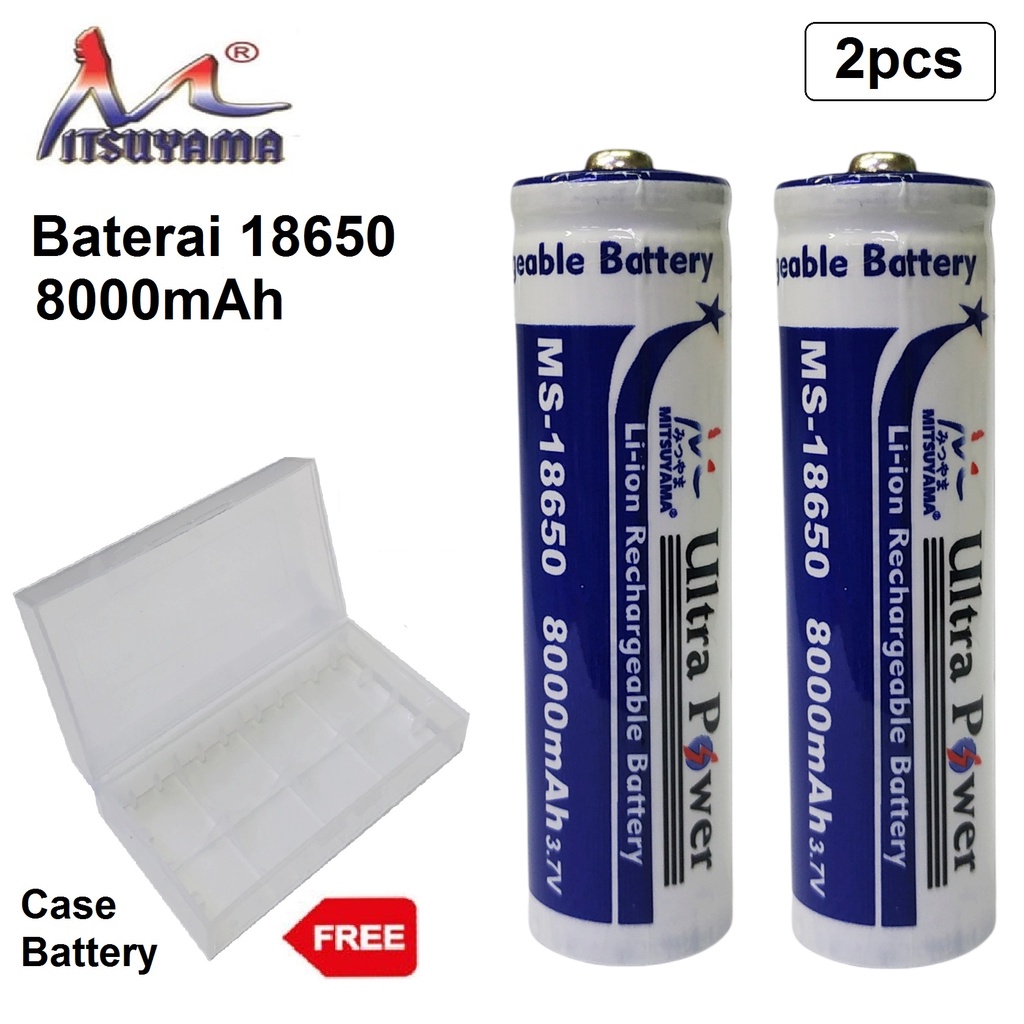 Jual Baterai 18650 8000mAh Rechargeable mitsuyama isi 2 pcs free Box | Shopee Indonesia