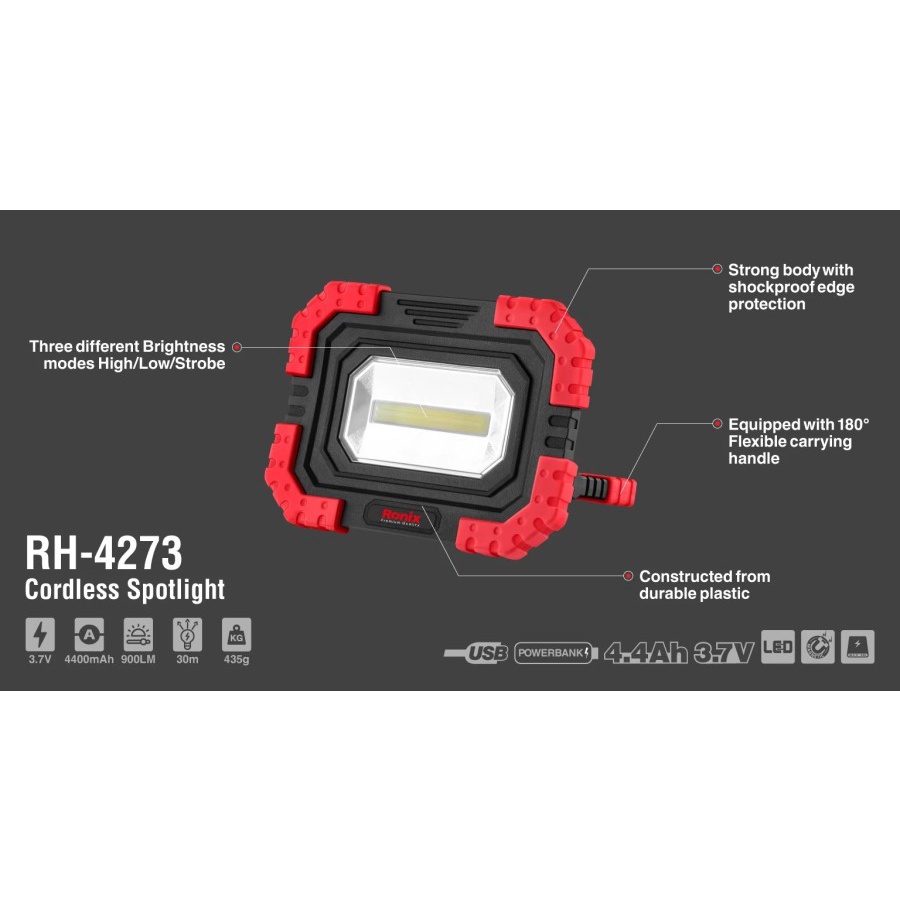 Jual Ronix Model RH-4273 Cordless Spotlight 3.7V, 900LM/10Watt | Shopee ...