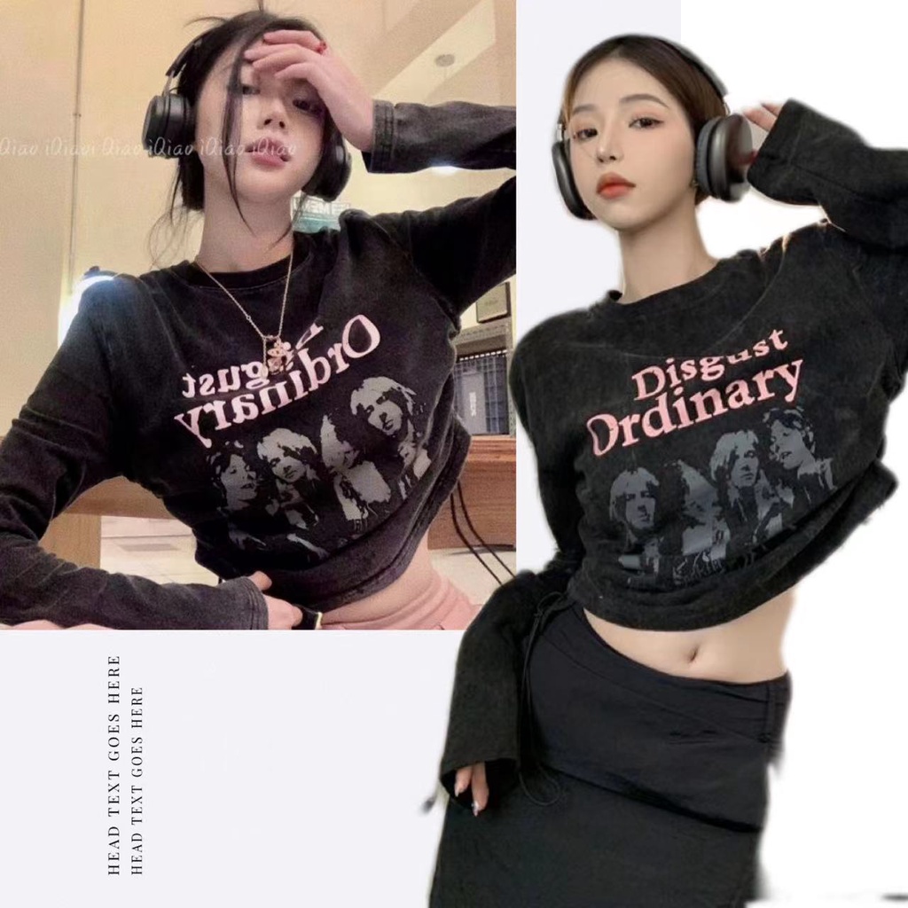 Jual Cod Kaos Crop Top Wanita Y2k Vintage Tertekan Cetak Lengan