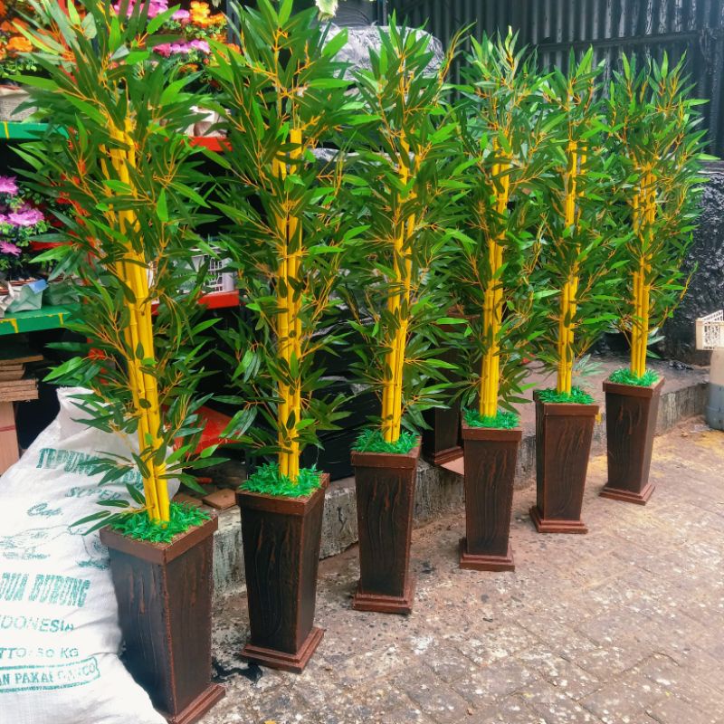 Jual BUNGA PLASTIK BAMBU KUNING RIMBUN+POT BESERTA RUMPUT ISI 10 BATANG ...