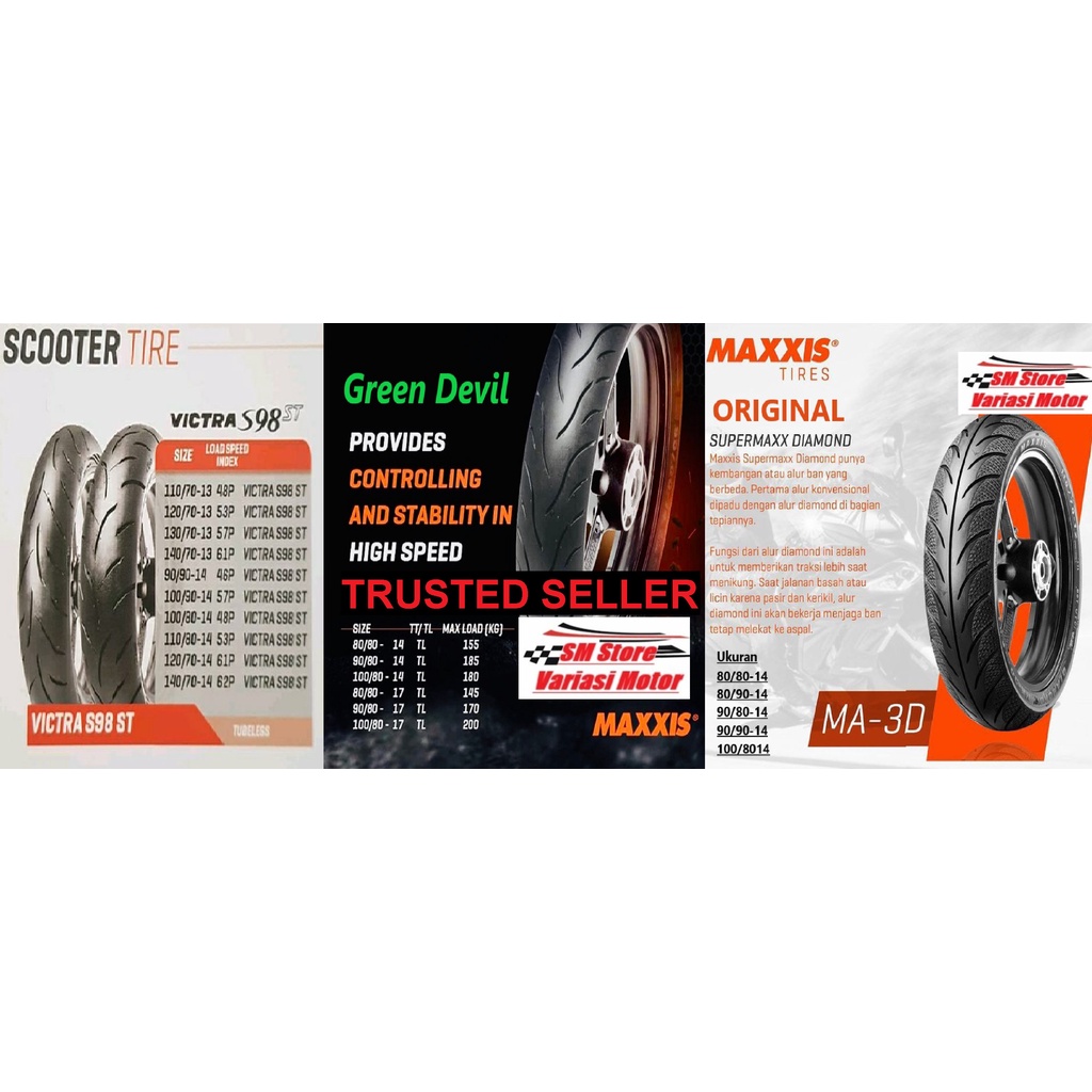 Jual Ban Tubles Maxxis Green Devil Victra s98st Diamond 70/90 80/80 80/ ...