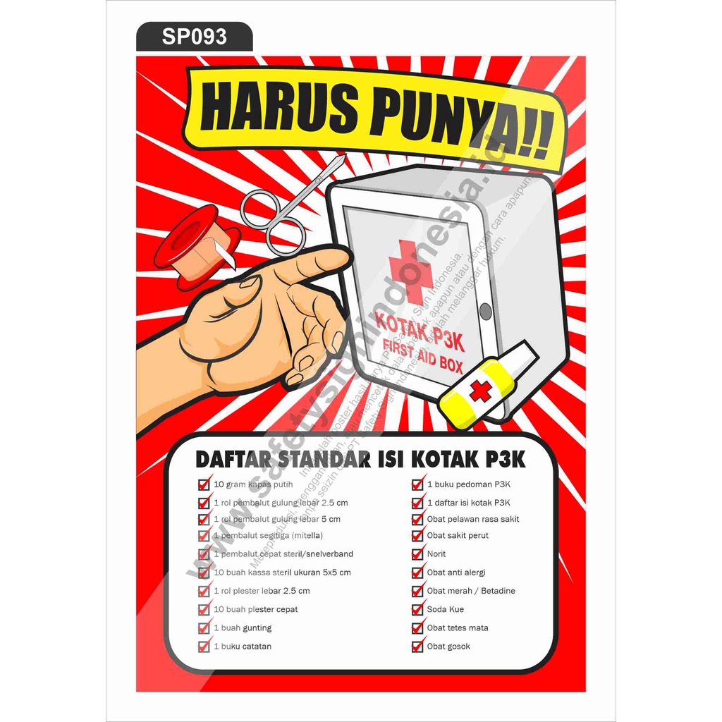 Jual SP093 Poster K3 Safety A2 Pigura - Daftar Standar Isi Kotak P3K ...