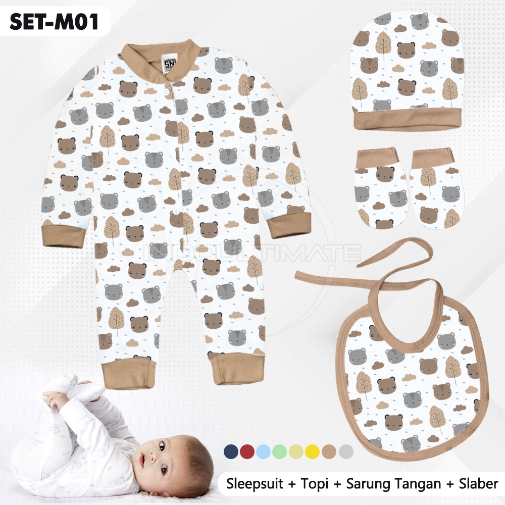 Jual 4in1 Set Sleepsuit Bayi Baru Lahir + Celemek makan + Topi Kupluk ...