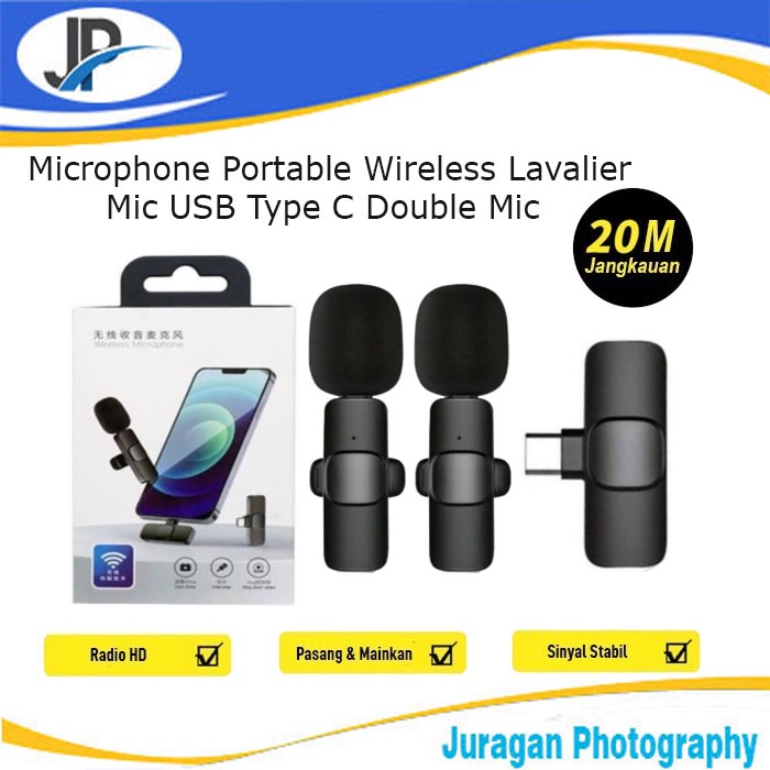 Jual Microphone Portable Wireless Lavalier Mic USB Type C Double ...