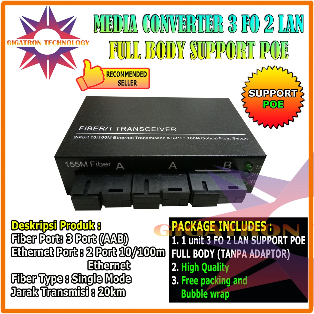 Jual Media Converter Fiber Optic 3 Port FO 2 Port LAN POE 10/100 Full Body / Switch Fiber Optik ...