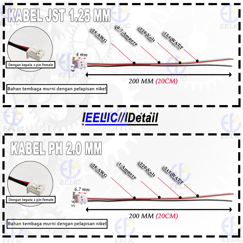 Jual EELIC KAL Kabel konektor 2pin ada pilihan type JST Japan Solderless Terminal JST1.25MM dan ...