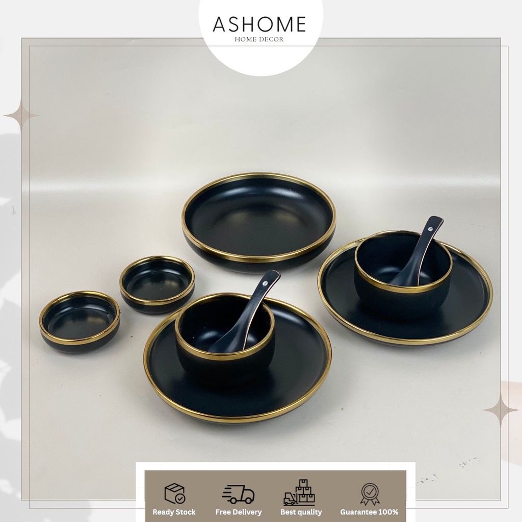 Jual ASHOME Piring Set 2 Orang Piring Makan Set Keramik Black Gold Isi ...