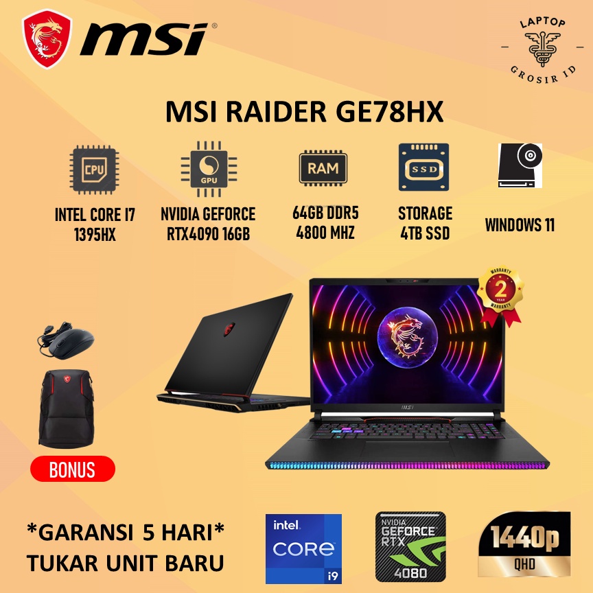 Jual Laptop Msi Raider GE78HX 13VH RTX4090 16GB i9 13950HX 32GB 4TB SSD ...
