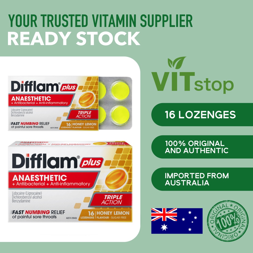 Jual Difflam Plus Anaesthetic Sore Throat 16 Lozenges - HONEY & LEMON ...