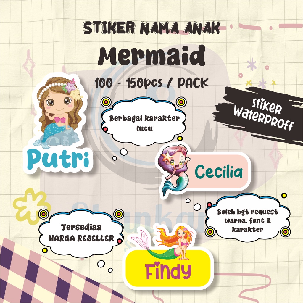 Jual ( 100-150pcs) Stiker Nama TEMA MERMAID / Stiker Nama Custom ...