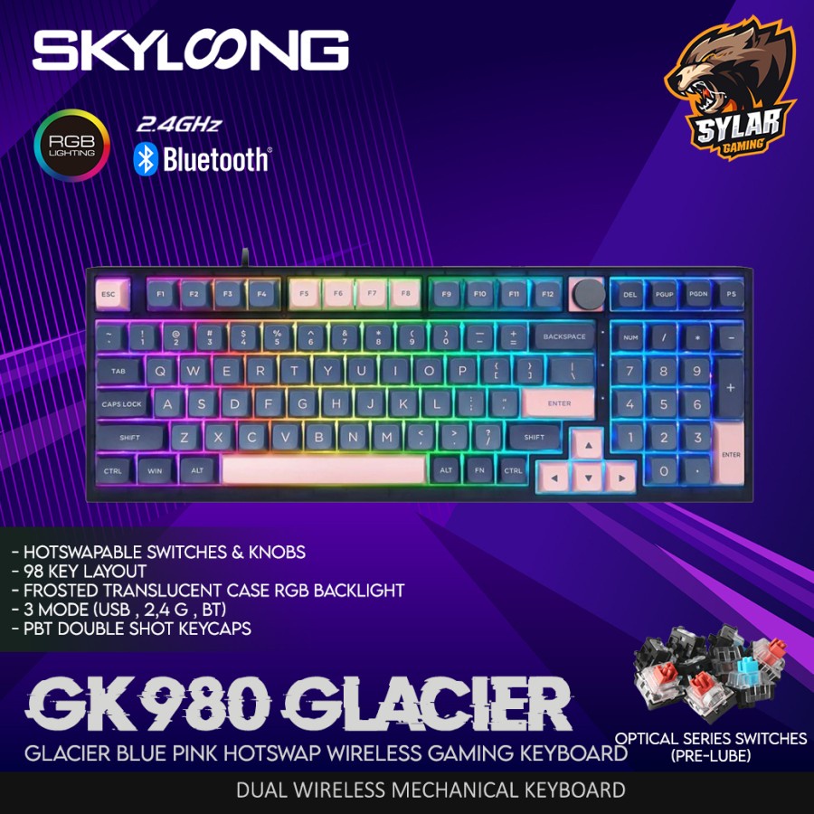 Jual Skyloong GK980 Glacier Blue Pink Hotswap Wireless Mechanical ...